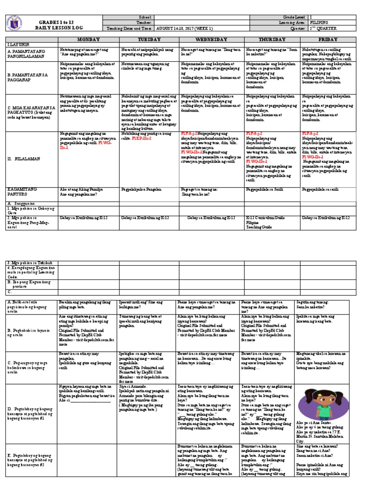 DLL Grade 1 Filipino Q2 Week 1 | PDF