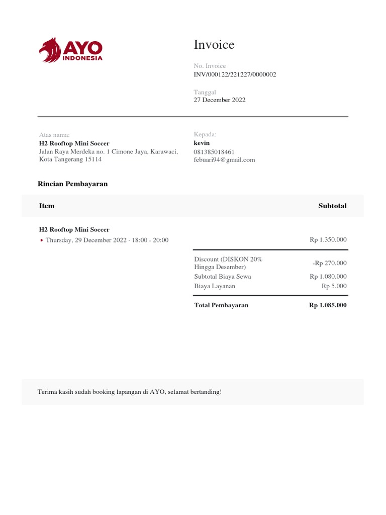 Invoice Sewa H2 Rooftop Mini Soccer | PDF