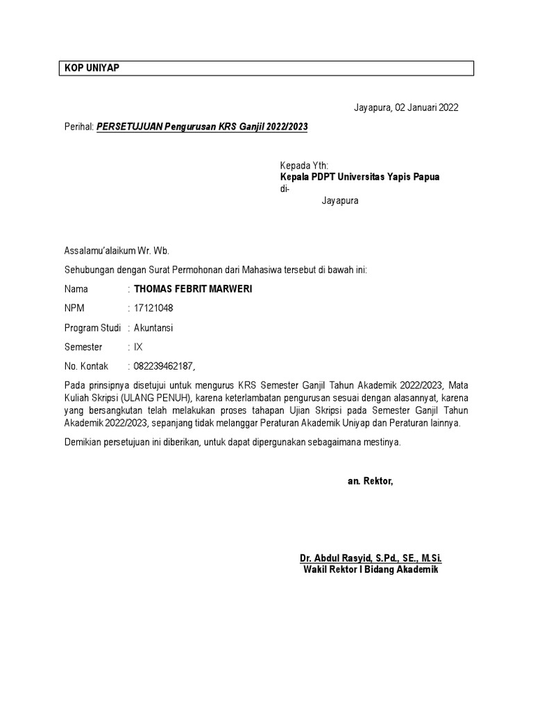 Surat Warek I - Persetujuan Urus KRS TERLAMBAT | PDF