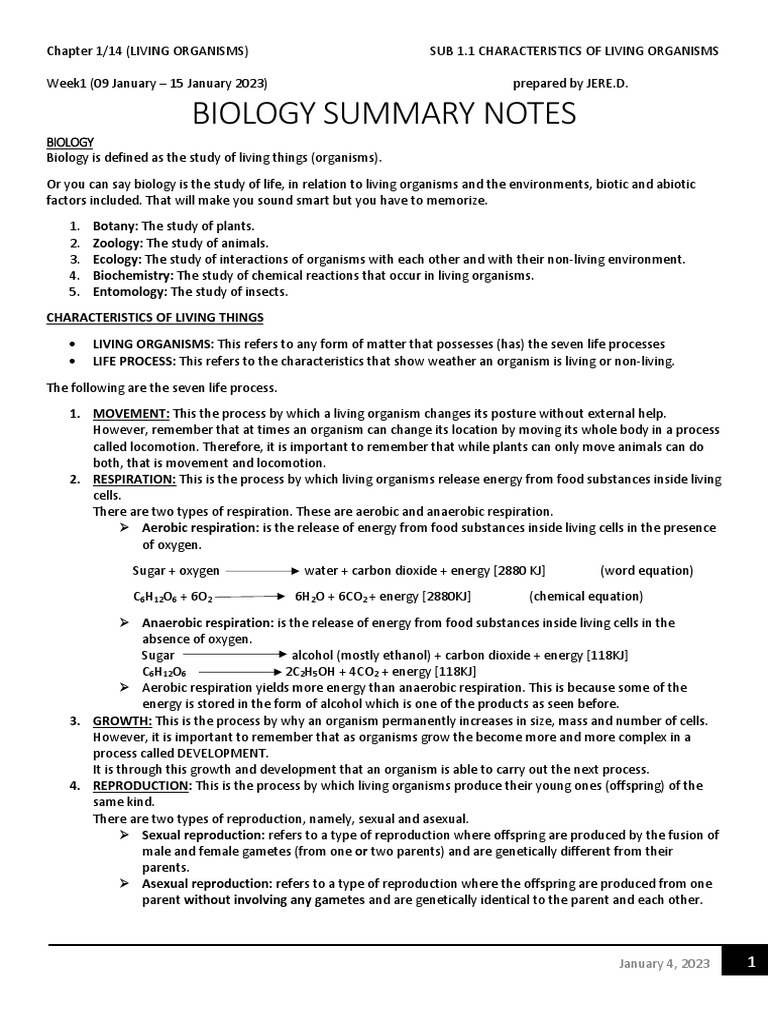 Biology Summary Notes | Download Free PDF | Metabolism | Organisms
