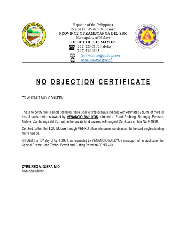 Certificate of No Objection for Tree Cutting | PDF
