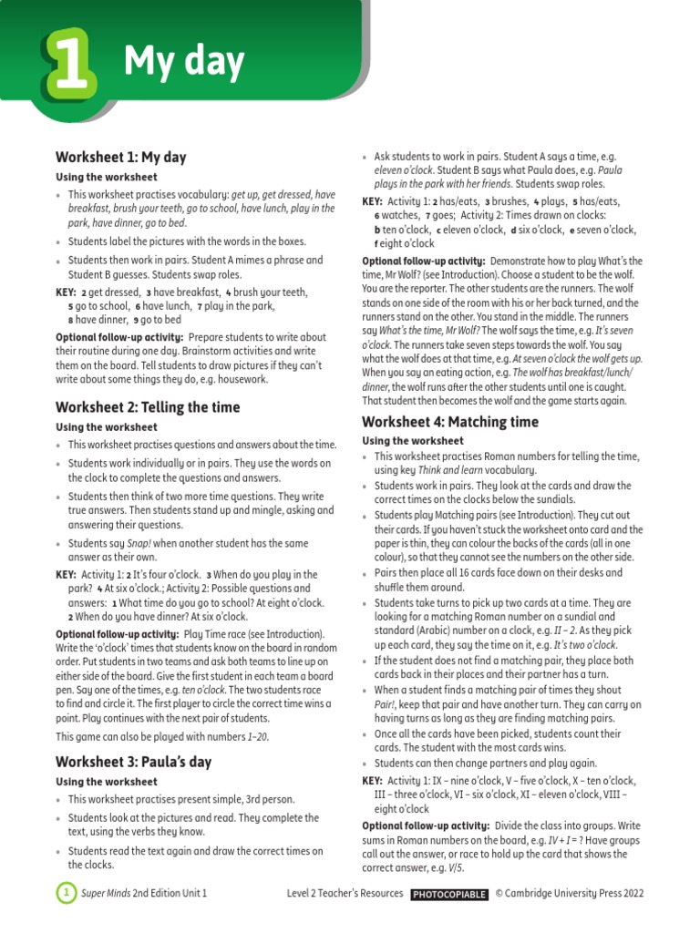 SM2ed Teacher's Resources Worksheet B L2 U1 | PDF | Clock | Linguistics