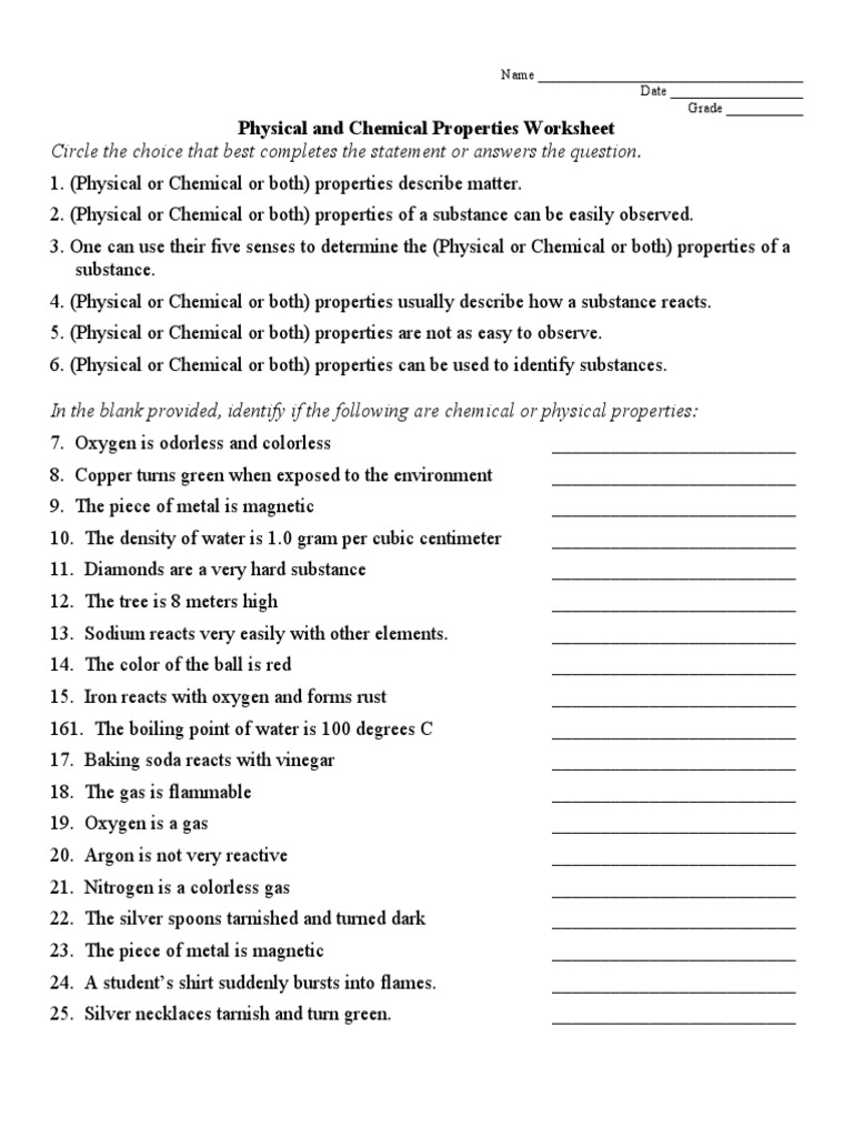 Physical and Chemical Properties Worksheet | PDF | Chemical Substances ...