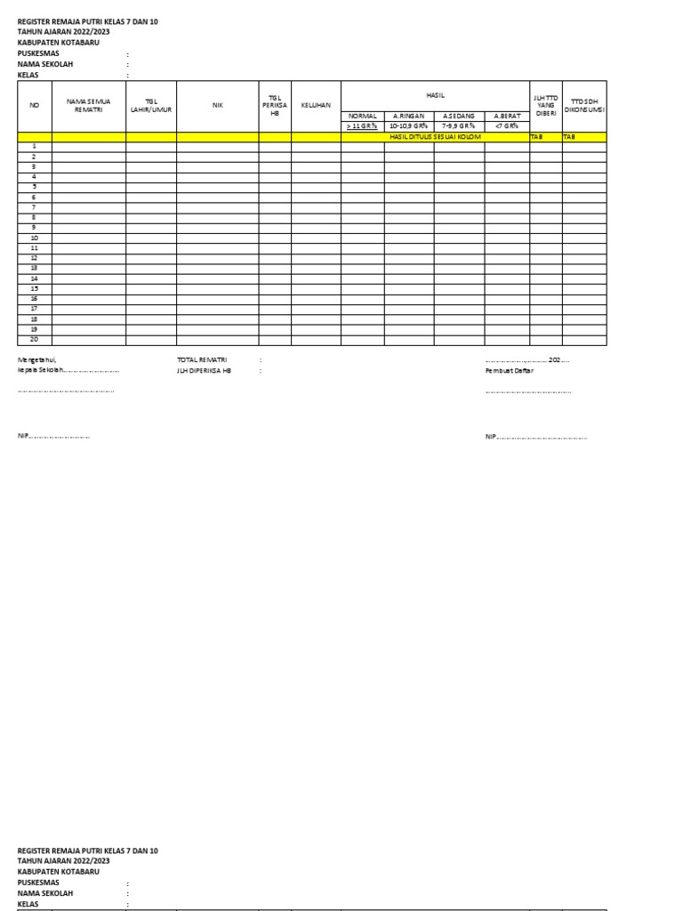 Form Pelaporan Pemeriksaan HB Rematri Klas 7 Dan 10 Ta 2022-2023!1!2 | PDF