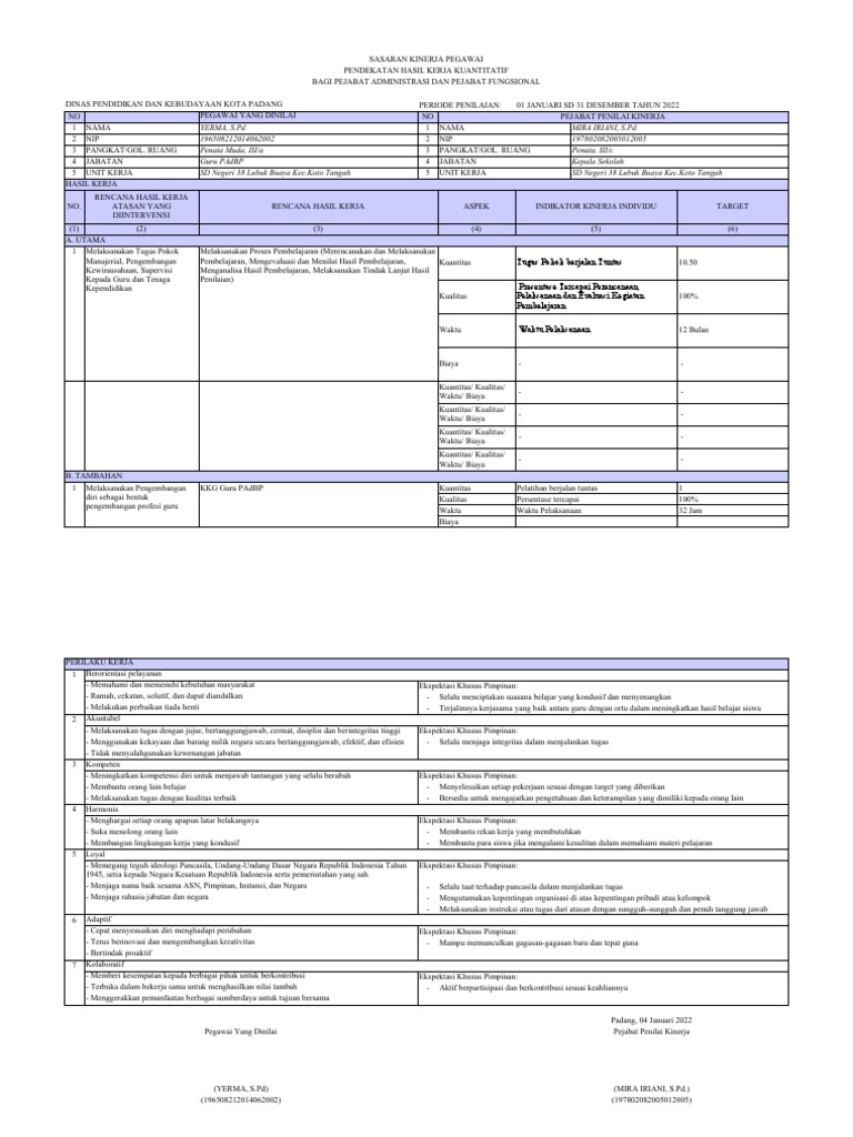 Contoh Pengisian SKP 2022 | PDF