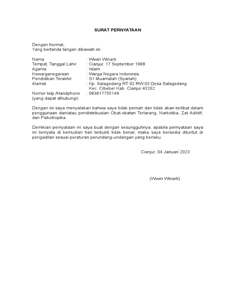 Surat Pernyataan Bebas Narkoba | PDF