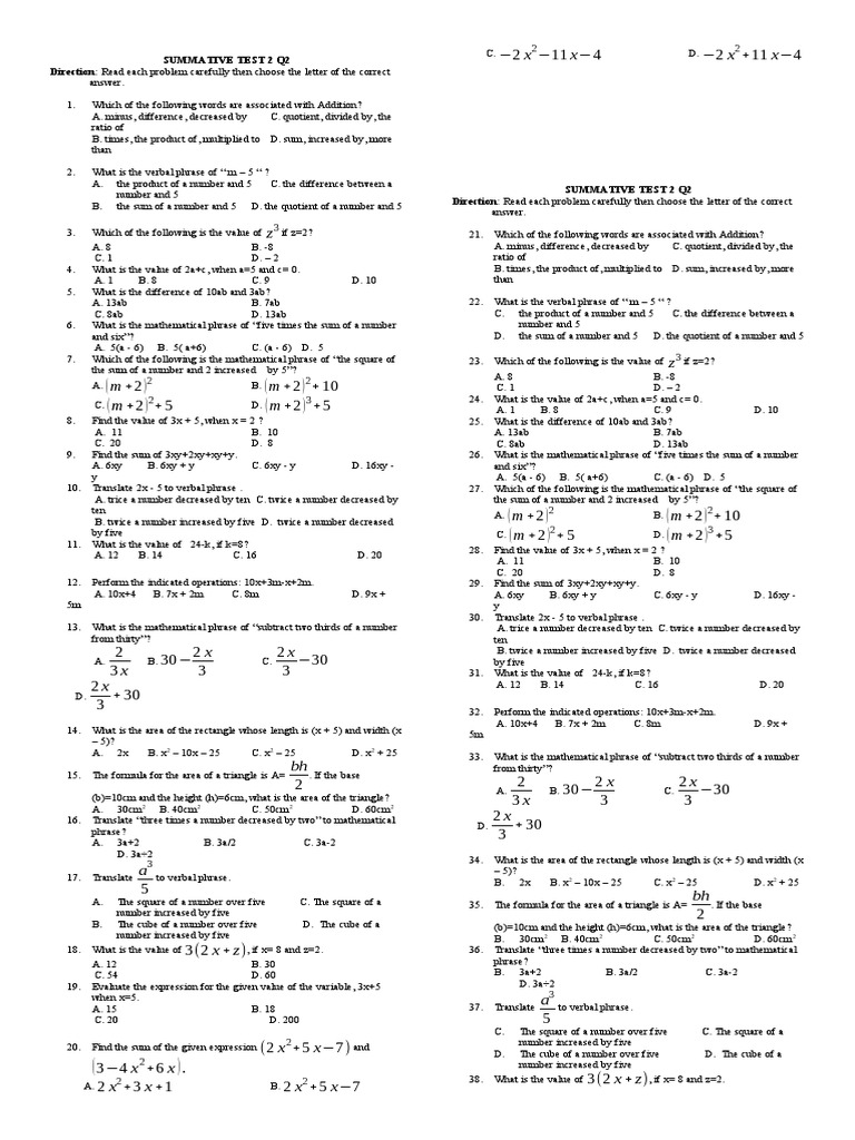 Summative Test 2 Q2 | PDF | Area | Summation
