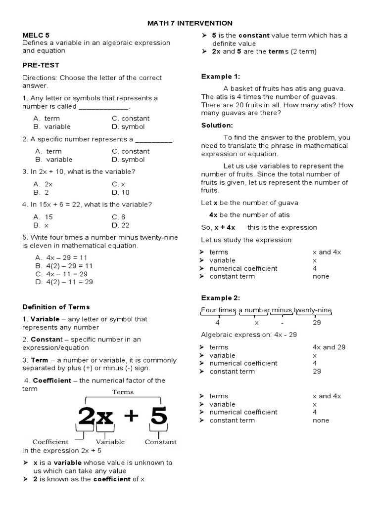 MELC 5 7 Intervention | PDF | Variable (Mathematics) | Equations