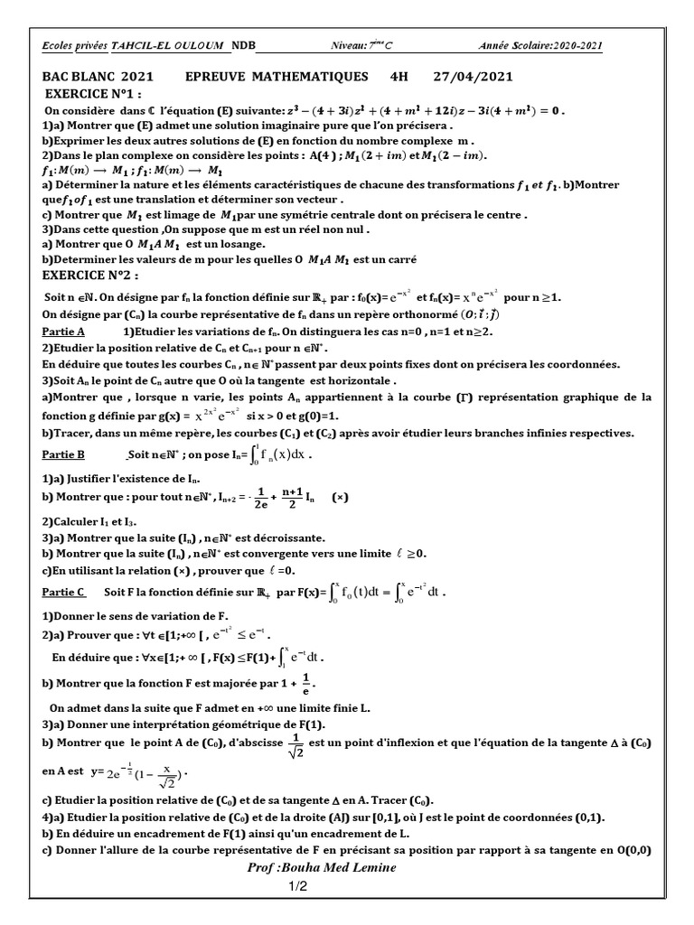 Bac Blanc 2021 | PDF | Nombre complexe | Courbe