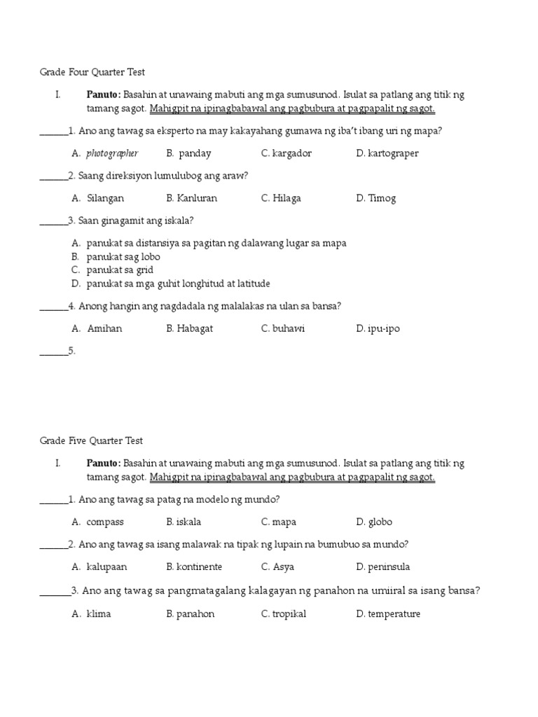 Grade Five Quarter Test | PDF