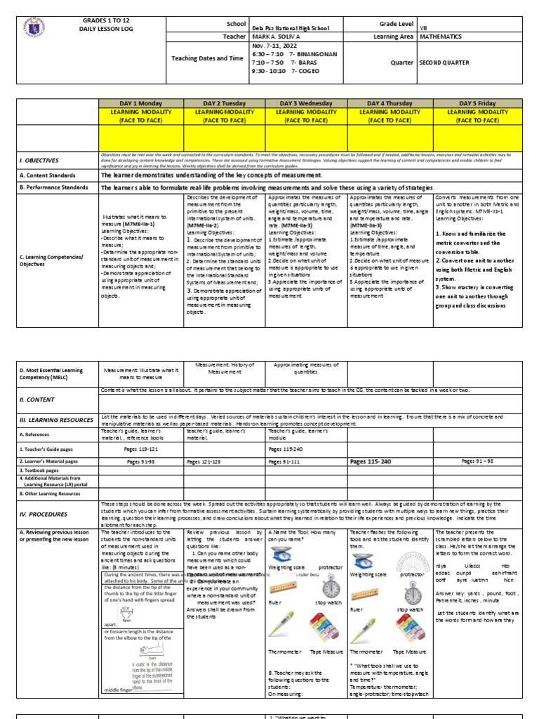 Grades 1 To 12 Daily Lesson Log School Grade Level Teacher Mark A ...