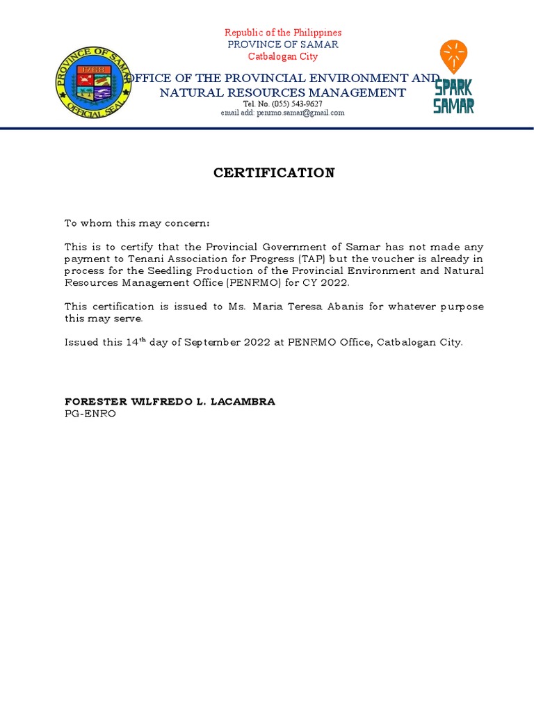Samar Certification for TAP Payment | PDF