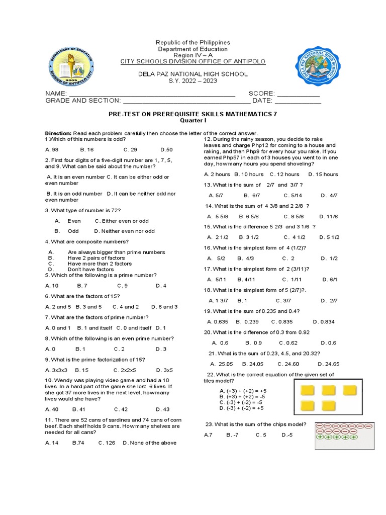 Q1 Prerequisite Test 1 G7 | PDF | Prime Number | Arithmetic