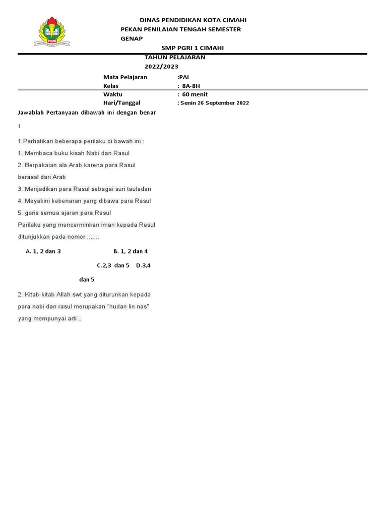 KOP SOAL PTS Genap PAI7 | PDF