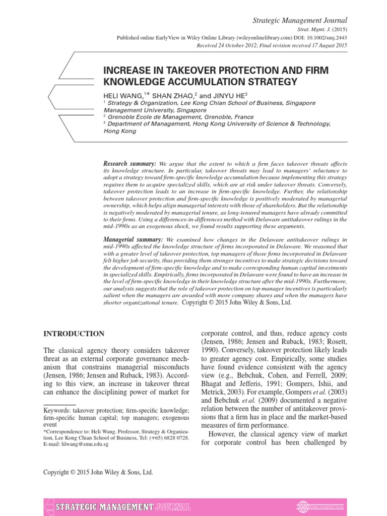 Wang 2015 Increase in Takeover Protection and Firm Knowledge ...