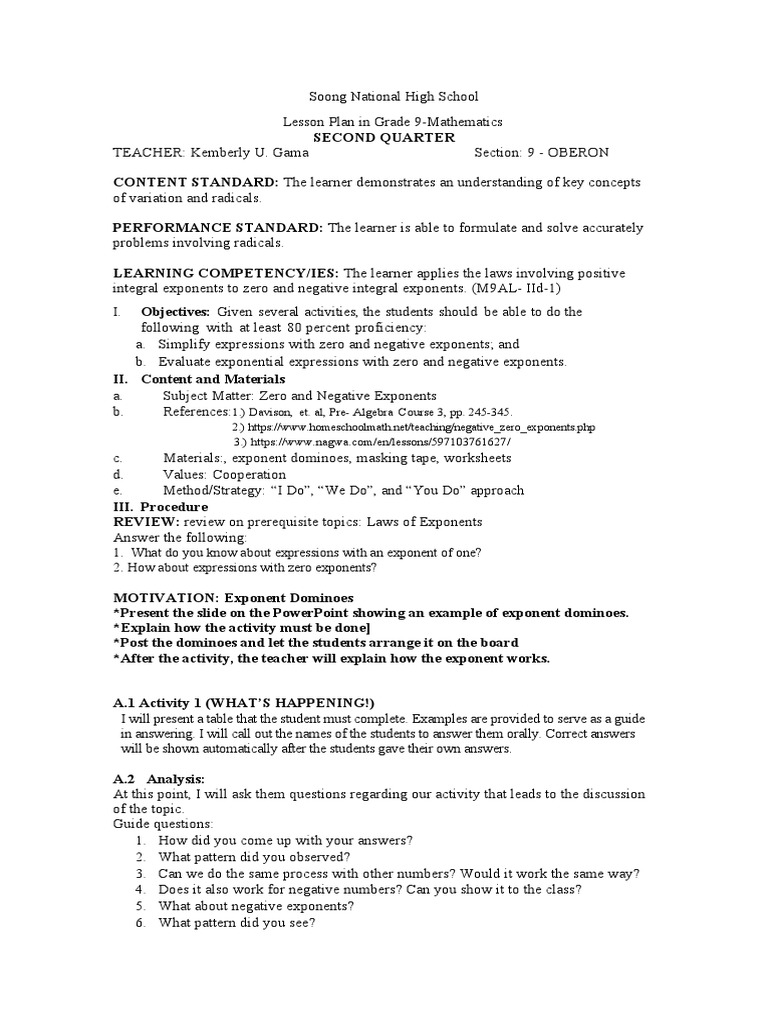 Lesson Plan For Third Quarter - RPMS | PDF | Exponentiation | Lesson Plan