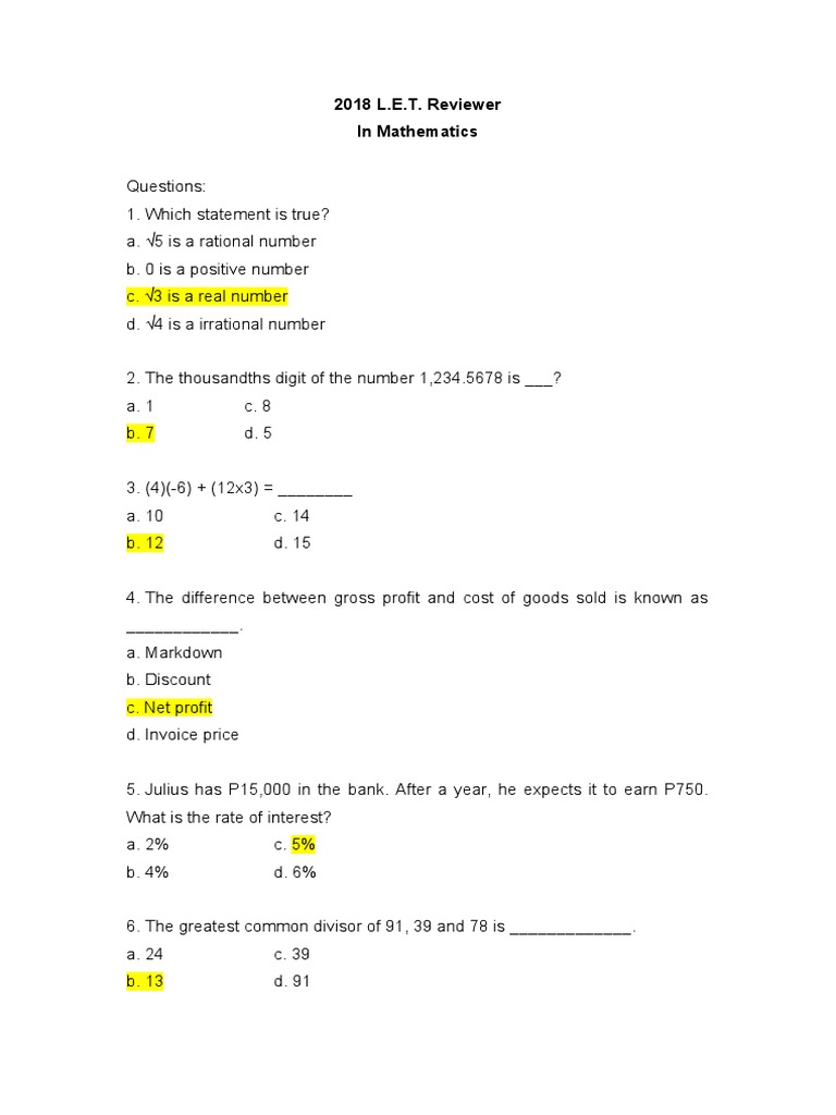 2018 L.E.T. Mathematics Reviewer | PDF | Expense | Balance Sheet