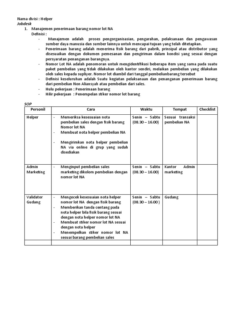 Sop Penerimaan Barang Helper | PDF
