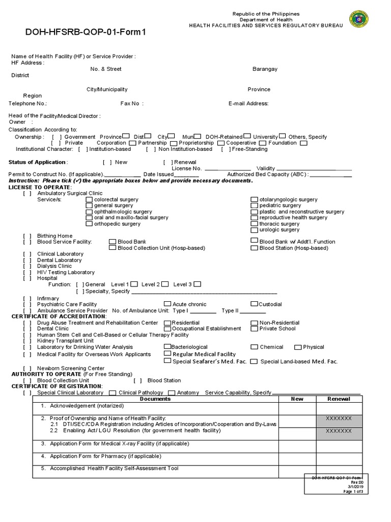 Revised Application Form DOH-HFSRB-QOP-01 Form1 | PDF | Surgery | Hospital
