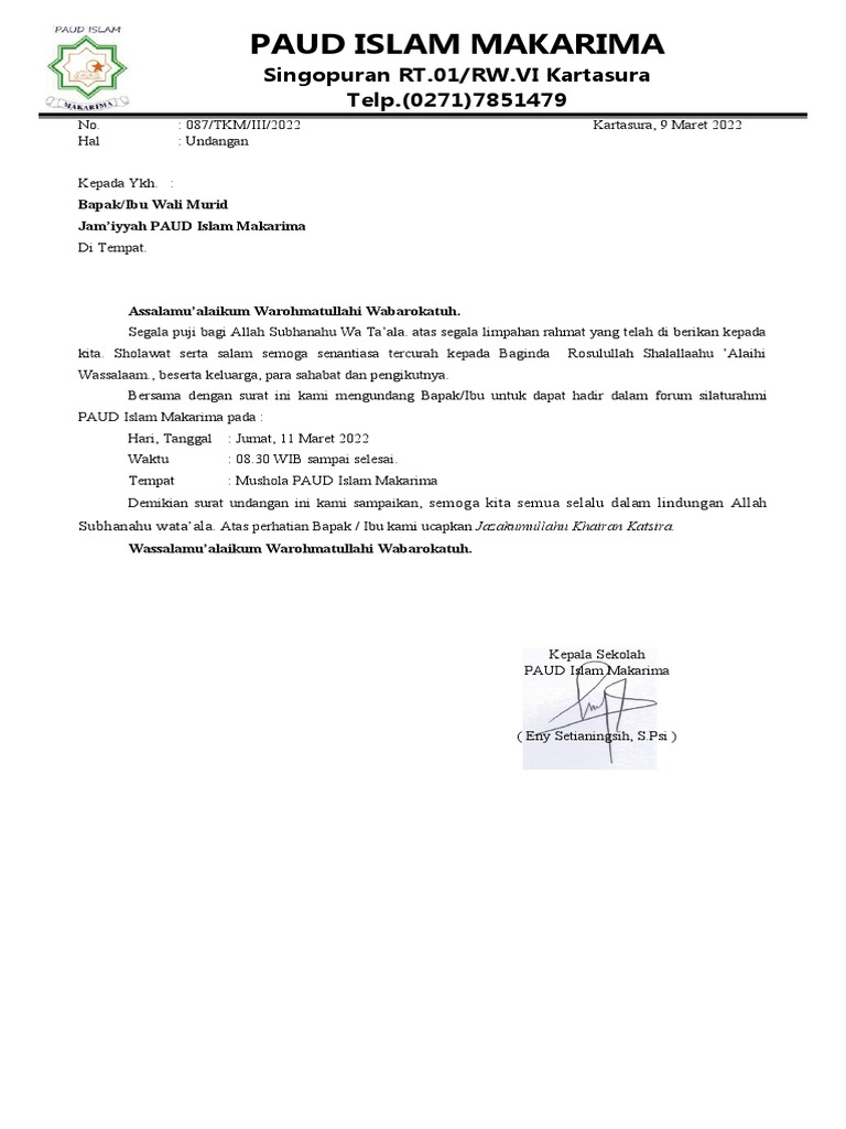 Contoh Surat Undangan Wali Murid | PDF Contoh Surat Undangan Wali Murid | PDF