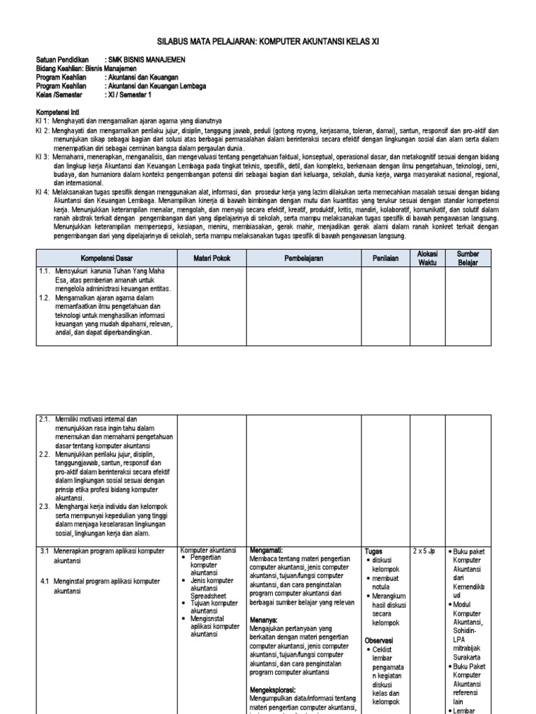 Silabus Komputer Akuntansi - Kelas Xi-Revisi | PDF