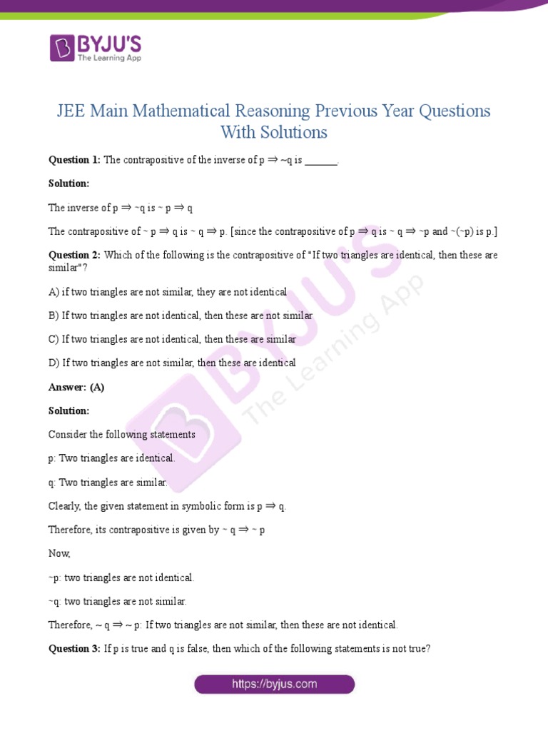 JEE Main Mathematical Reasoning Previous Year Questions With Solutions | PDF | Mathematics ...