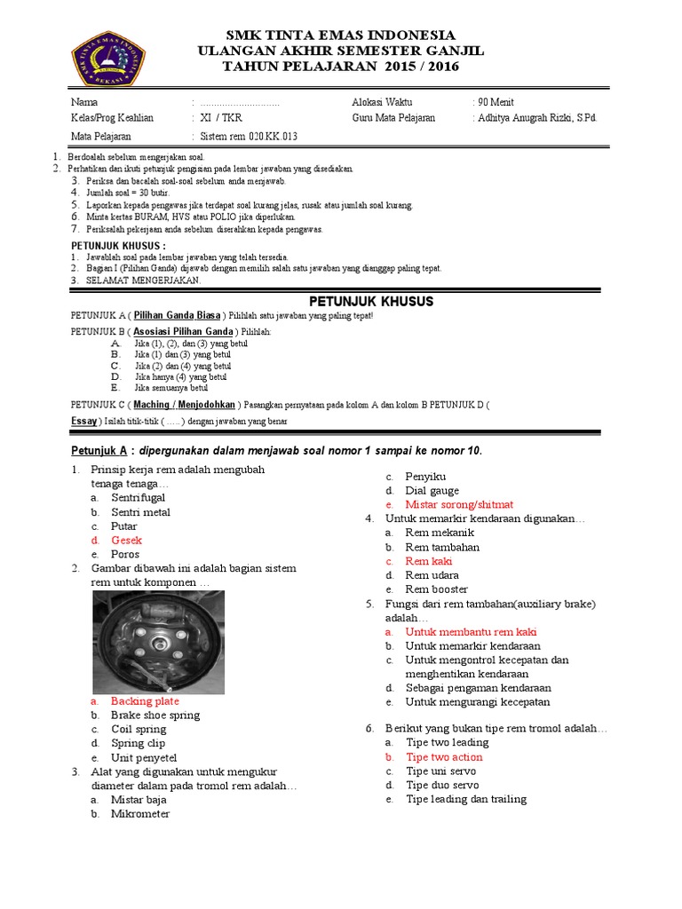 Soal Kelas Xi TKR Sistem Rem 1 PDF Free | PDF