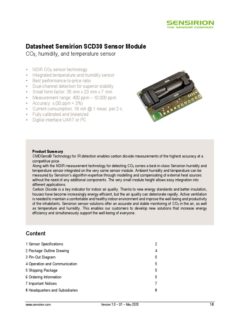 Sensirion CO2 Sensors SCD30 Datasheet | PDF | Sensor | Electrostatic ...