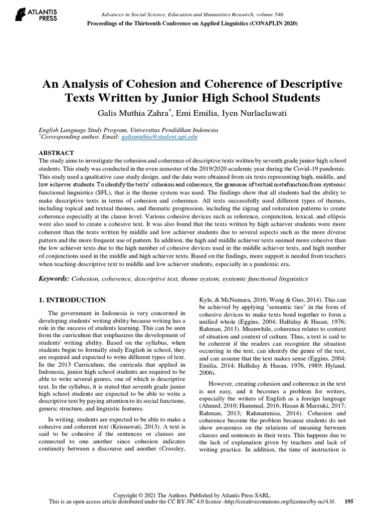 An Analysis of Cohesion and Coherence of Descriptive Texts Written by Junior High School ...