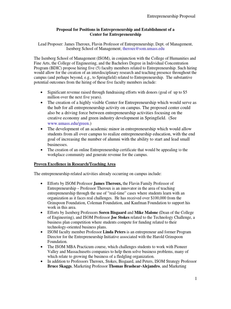 Entrepreneurship Center Proposal | PDF | Entrepreneurship | Economies