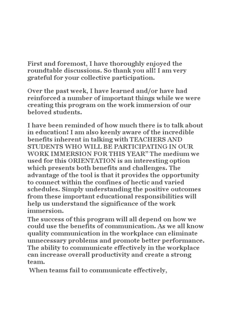 Work Immersion (Closing Remarks) | PDF