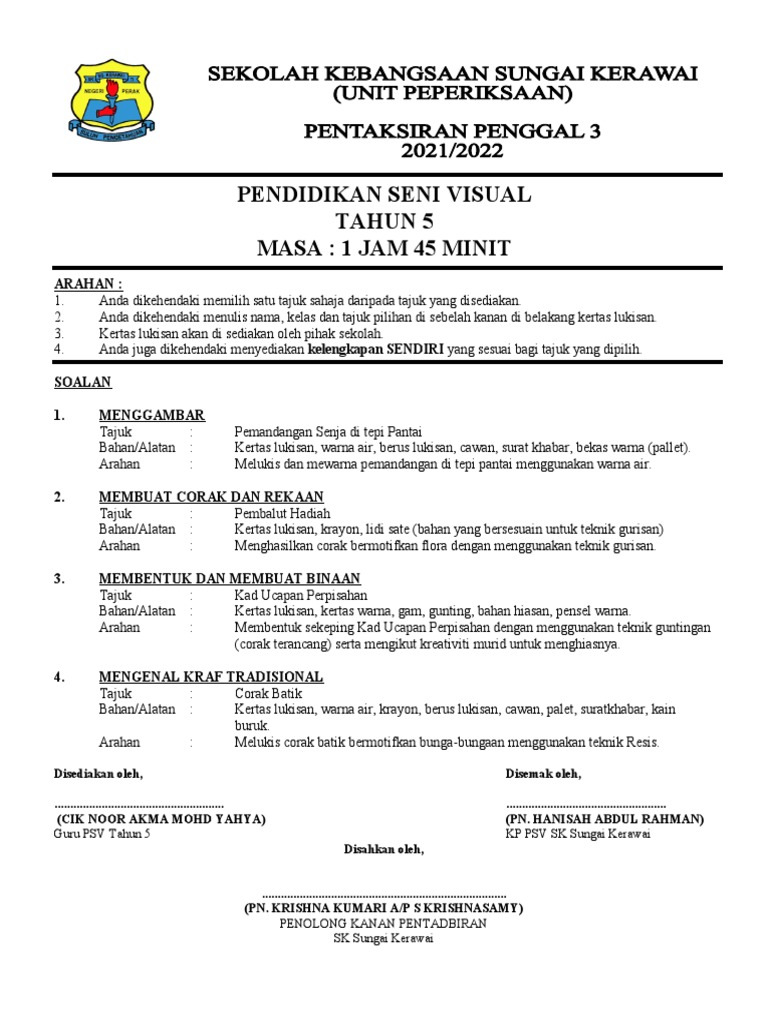 Pentaksiran Akhir Tahun PSV Tahun 5 SKSK 2021-2022 | PDF