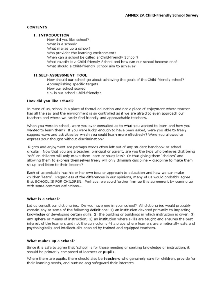 Annex 2A Child Friendly School Survey | PDF | Teachers | Schools