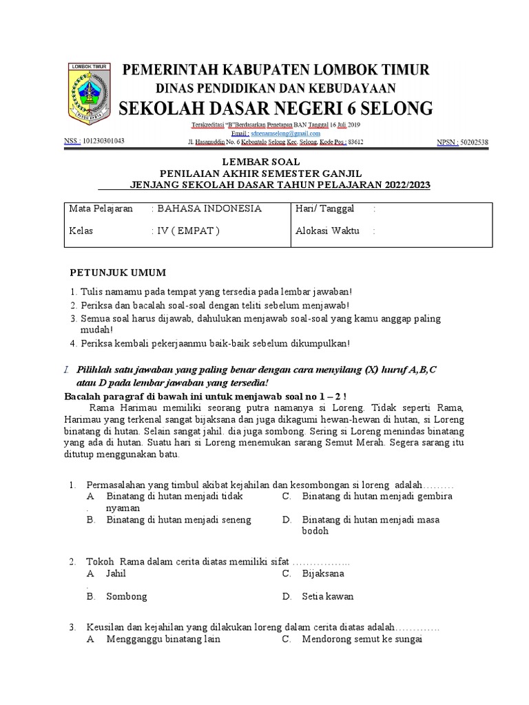 Kisi-Kisi, Soal, Kunci Jawaban Pas Bahasa Indonesia Semester 1 | PDF