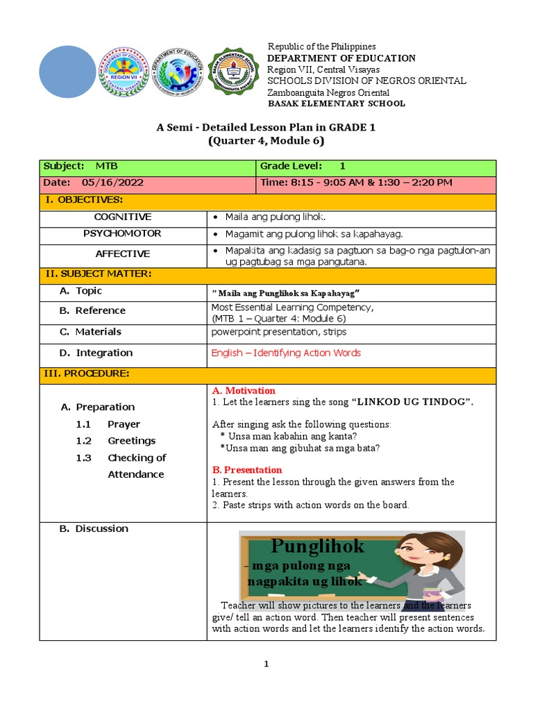 Punglihok: A Semi - Detailed Lesson Plan in GRADE 1 (Quarter 4, Module ...