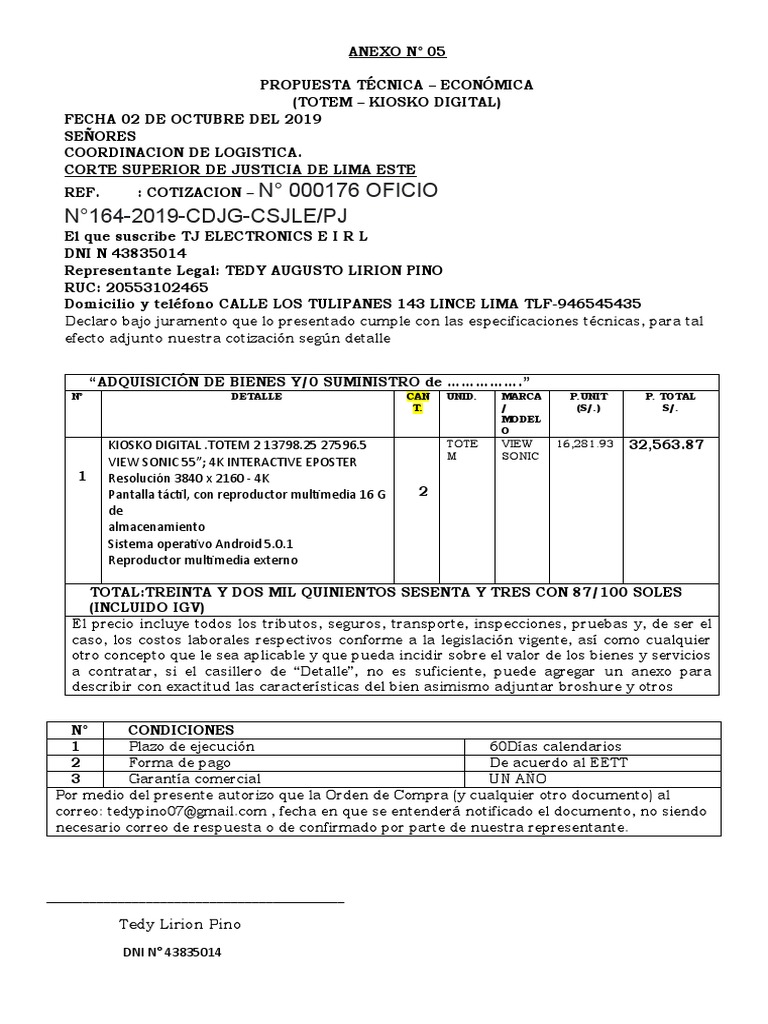 Anexo N°05 - Formato de de Propuesta Tecnica - Economica | PDF