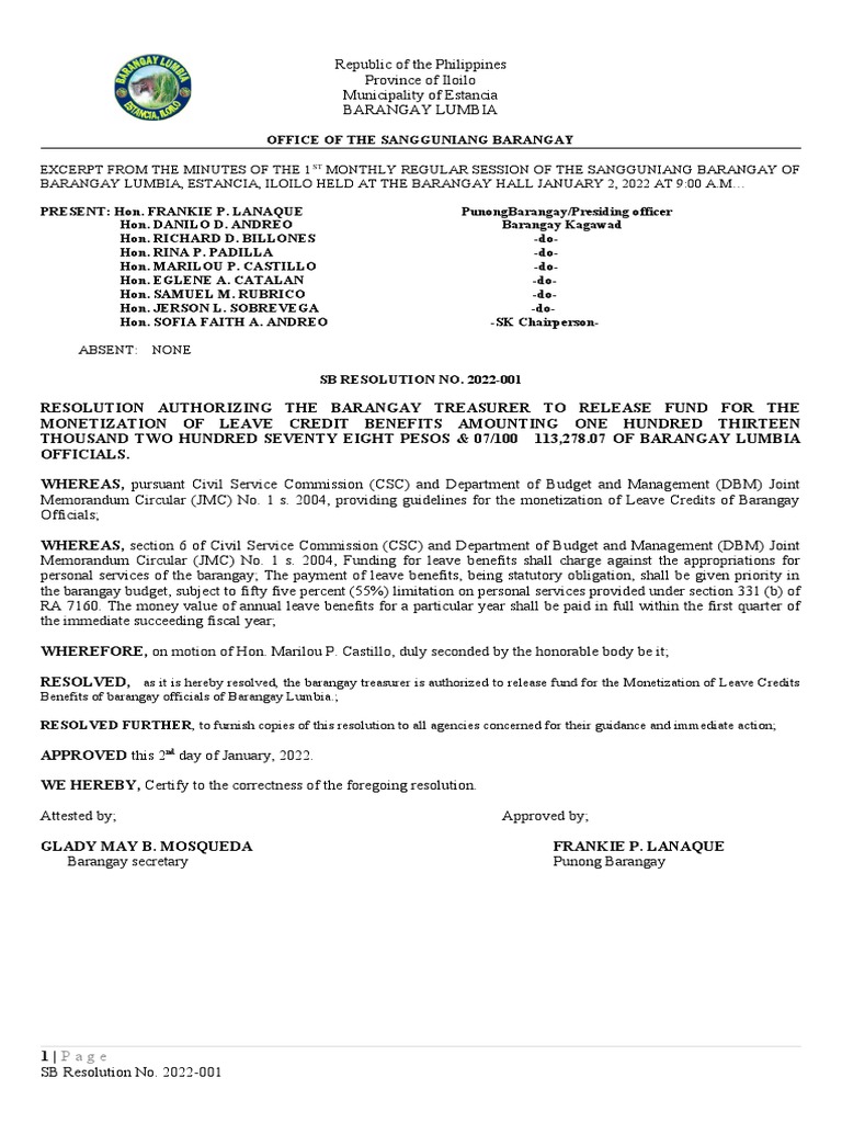 Monetization of Barangay Leave Credits | PDF | Economies | Government