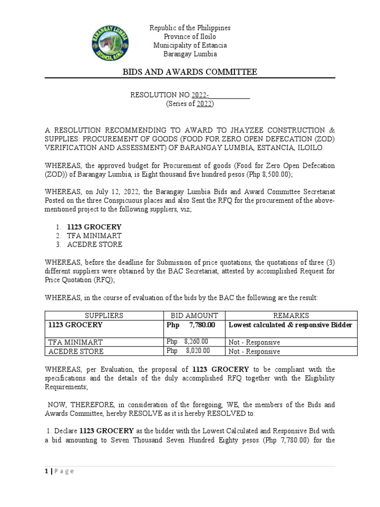 BAC Resolution To Award Road Maintenance | PDF | Procurement
