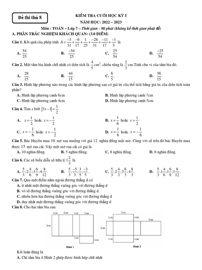 Bo de Thi Thu Kiem Tra Cuoi Hoc Ky 1 Toan 7 Canh Dieu | PDF