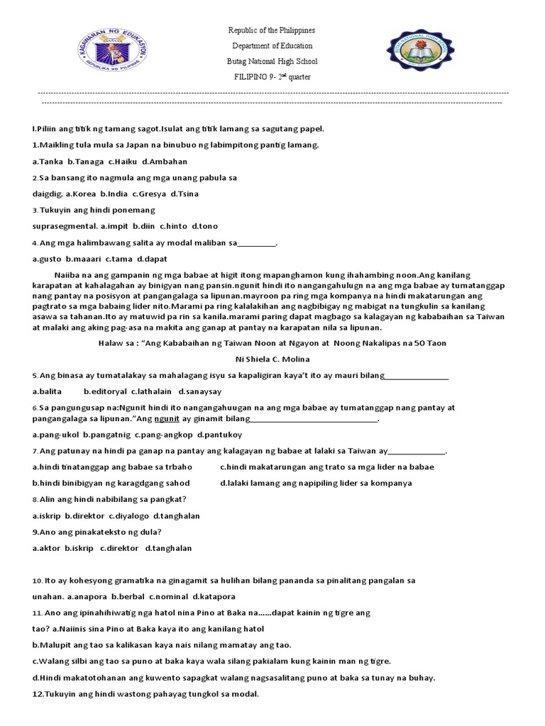 Exam Filipino 9 | PDF