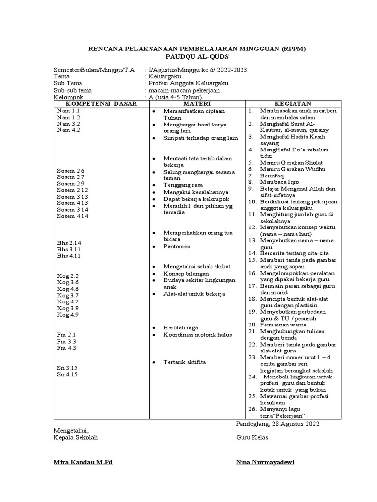 RPPM PAUD: Profesi Keluargaku | PDF