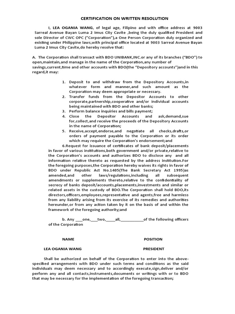 Certification On Written Resolution | PDF | Deposit Account | Financial ...