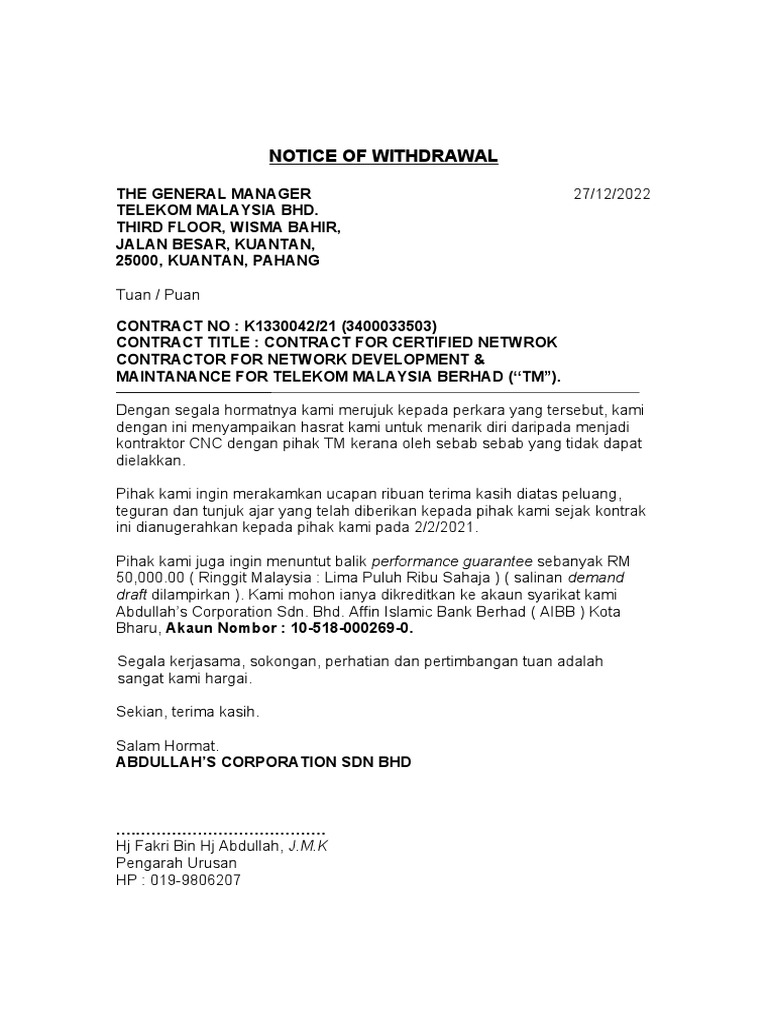 NOTICE OF WITHDRAWAL Versi Melayu | PDF