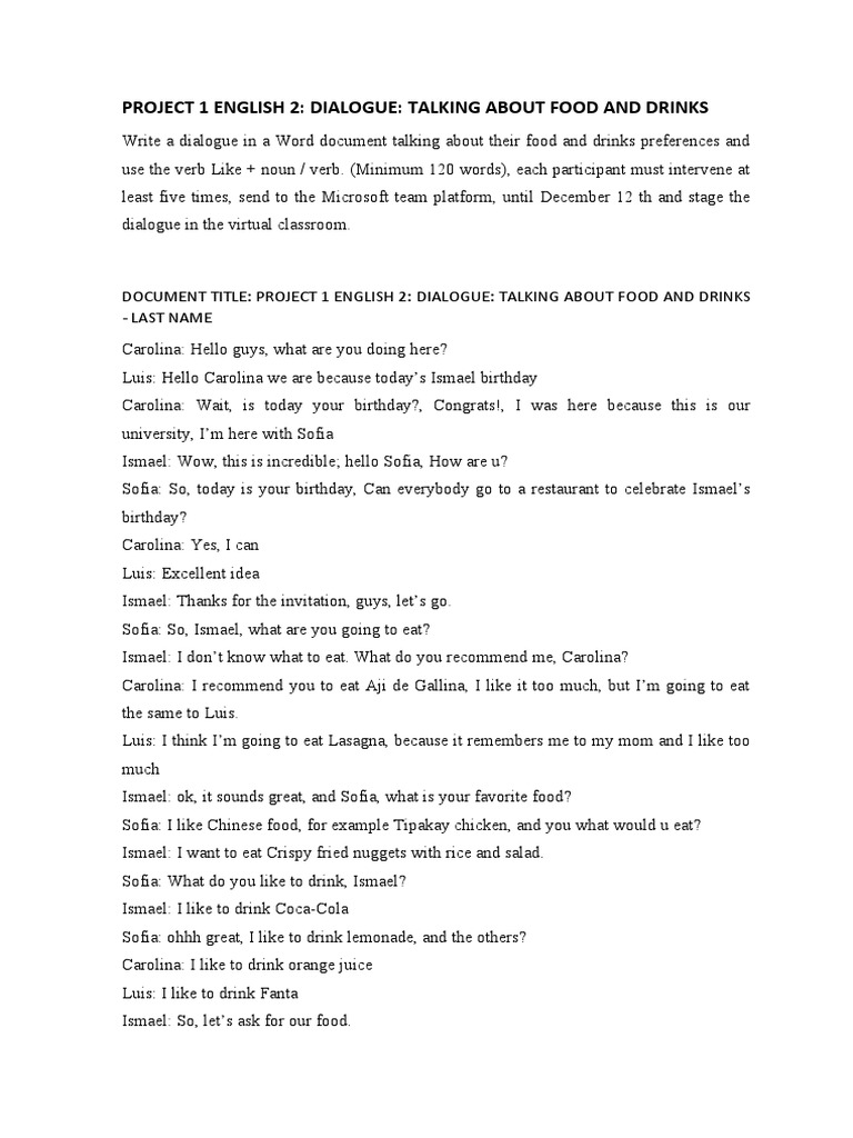 Project 1 English 2 Dialogue About Food and Drinks - Bastidas | PDF ...