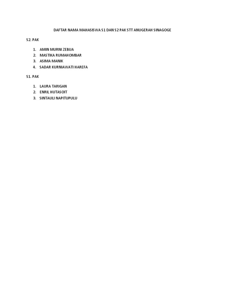 Daftar Nama Mahasiswa s1 Dan s2 Pak STT Anugerah Sinagoge | PDF