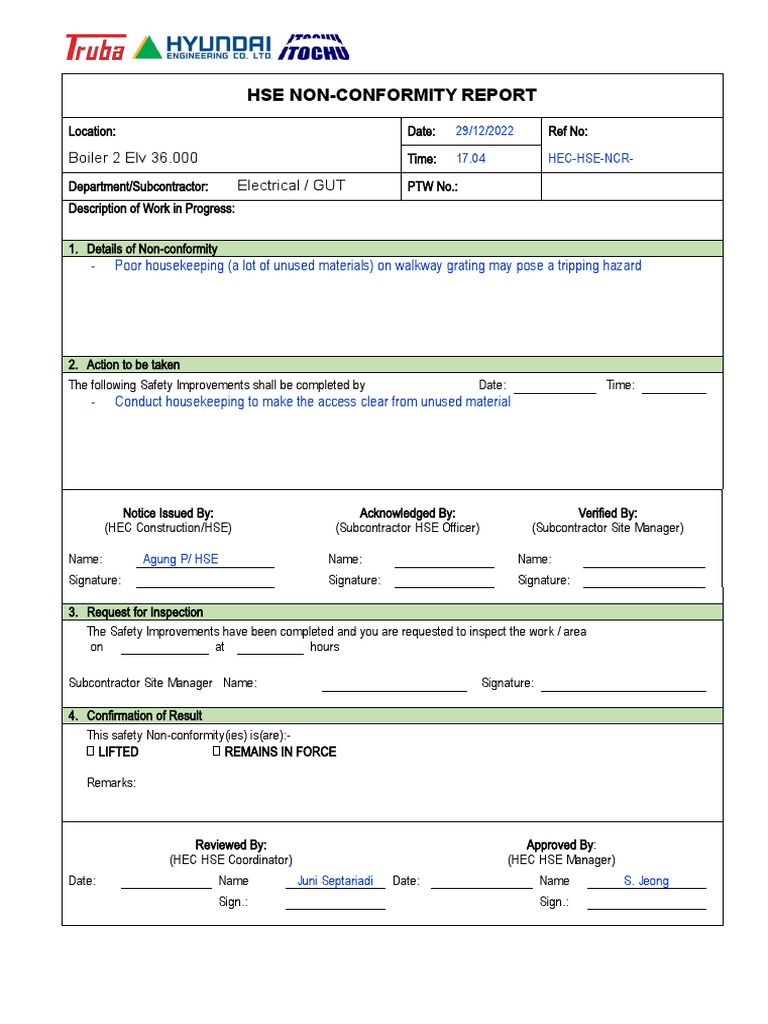HSE Non-Conformity Report: Housekeeping Issue | PDF