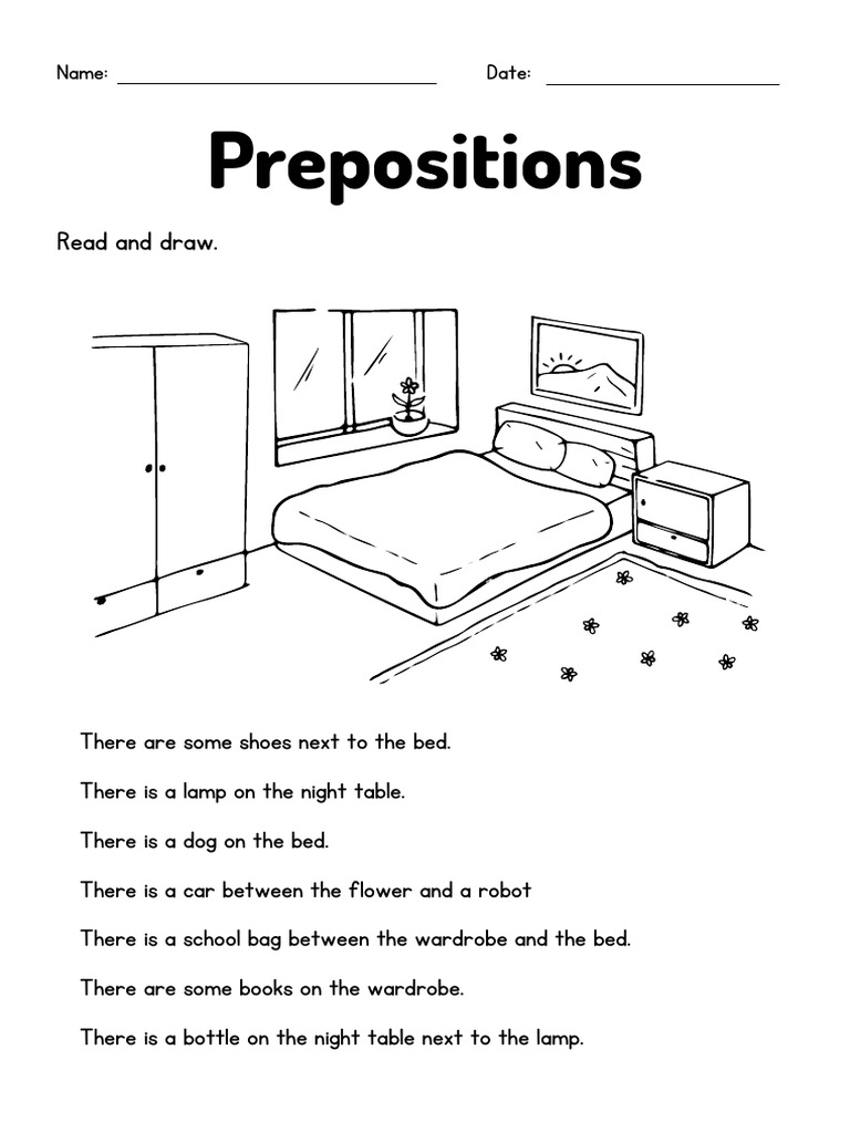 Black and White Prepositions Worksheet EFL | PDF