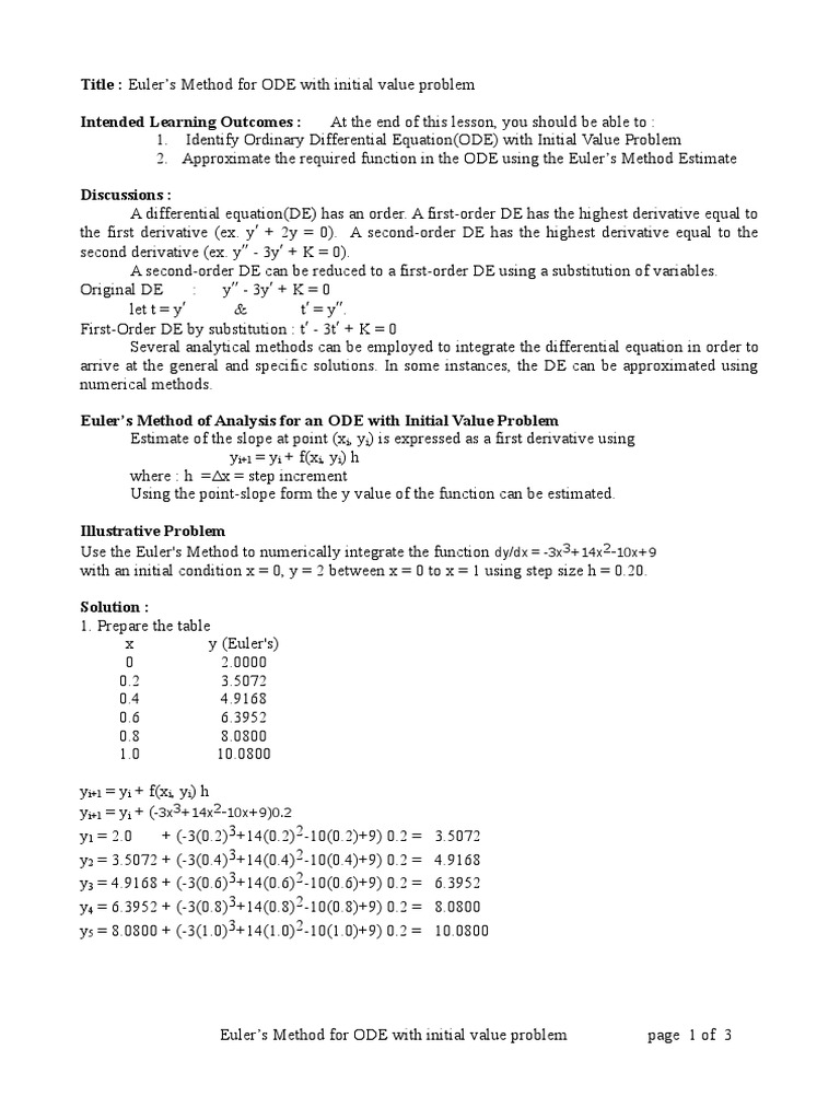 Euler's Method for ODE Problems | PDF | Differential Equations | Ordinary Differential Equation