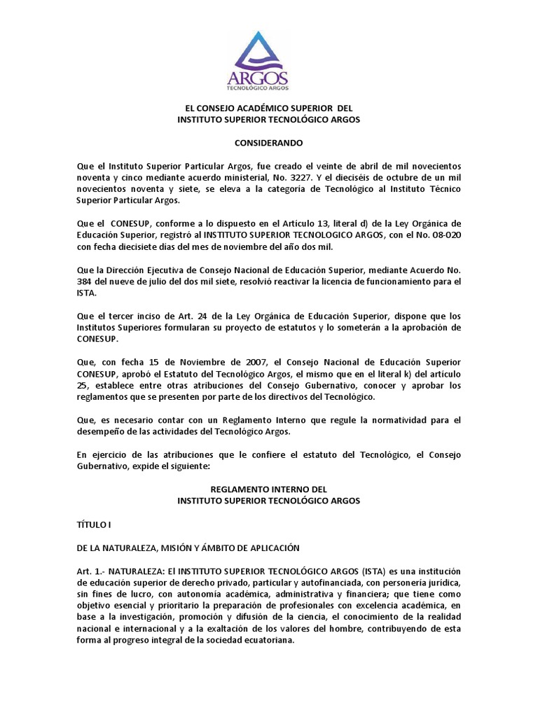 Reglamento Interno Argos | PDF | Prueba (evaluación) | Disciplinas