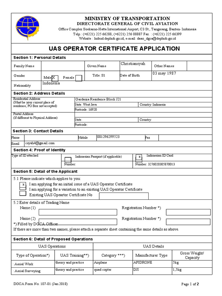 DGCA Form 107-01 UAS Operator Certificate Application Rev - 2 - 2 | PDF | Identity Document ...